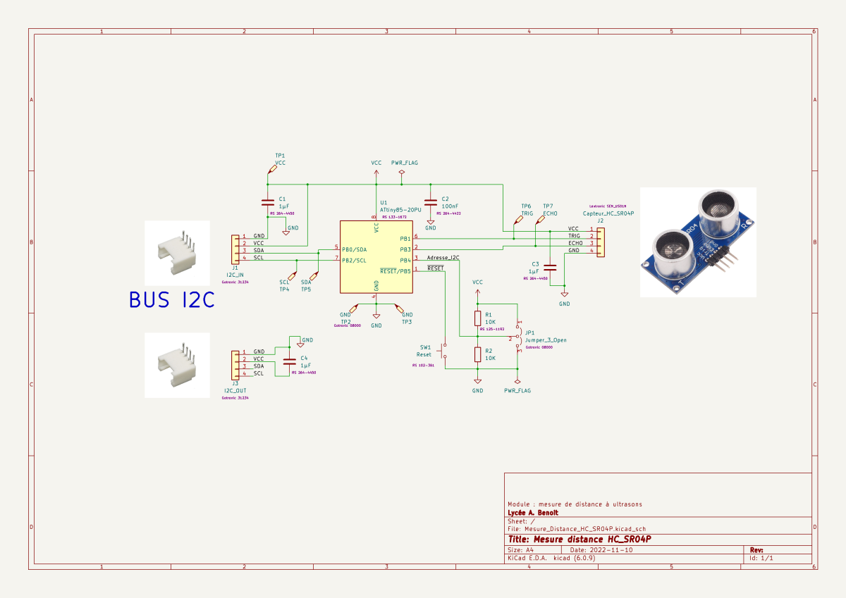 Exercice de routage sur KiCAD 6 : Mesure de distance à ultrasons avec HC SR04P et ATTiny85 - Énoncé